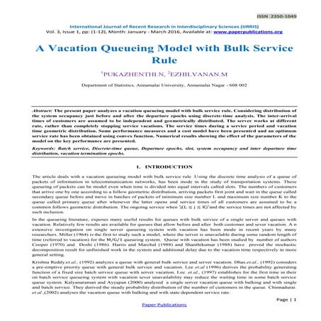 A Vacation Queueing Model with Bulk Service Rule | PDF