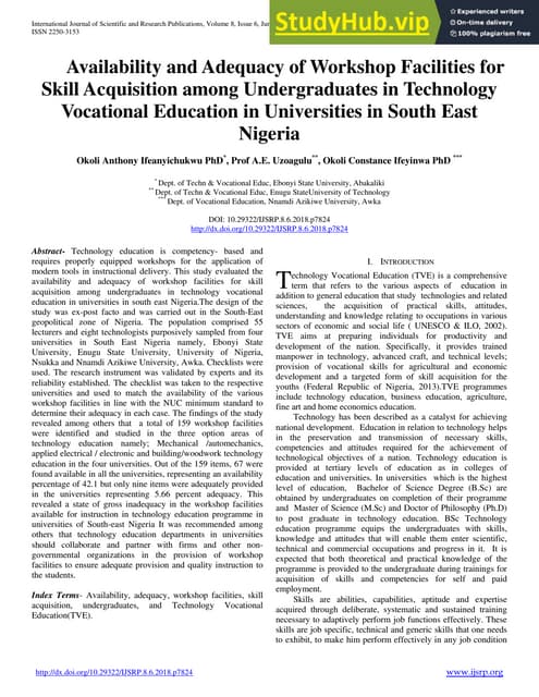Availability And Adequacy Of Workshop Facilities For Skill Acquisition