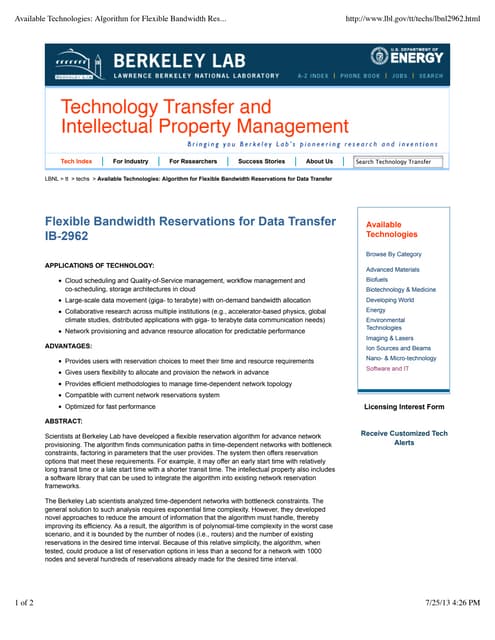 Available Technologies Algorithm For Flexible Bandwidth Reservations For Data Transfer Pdf