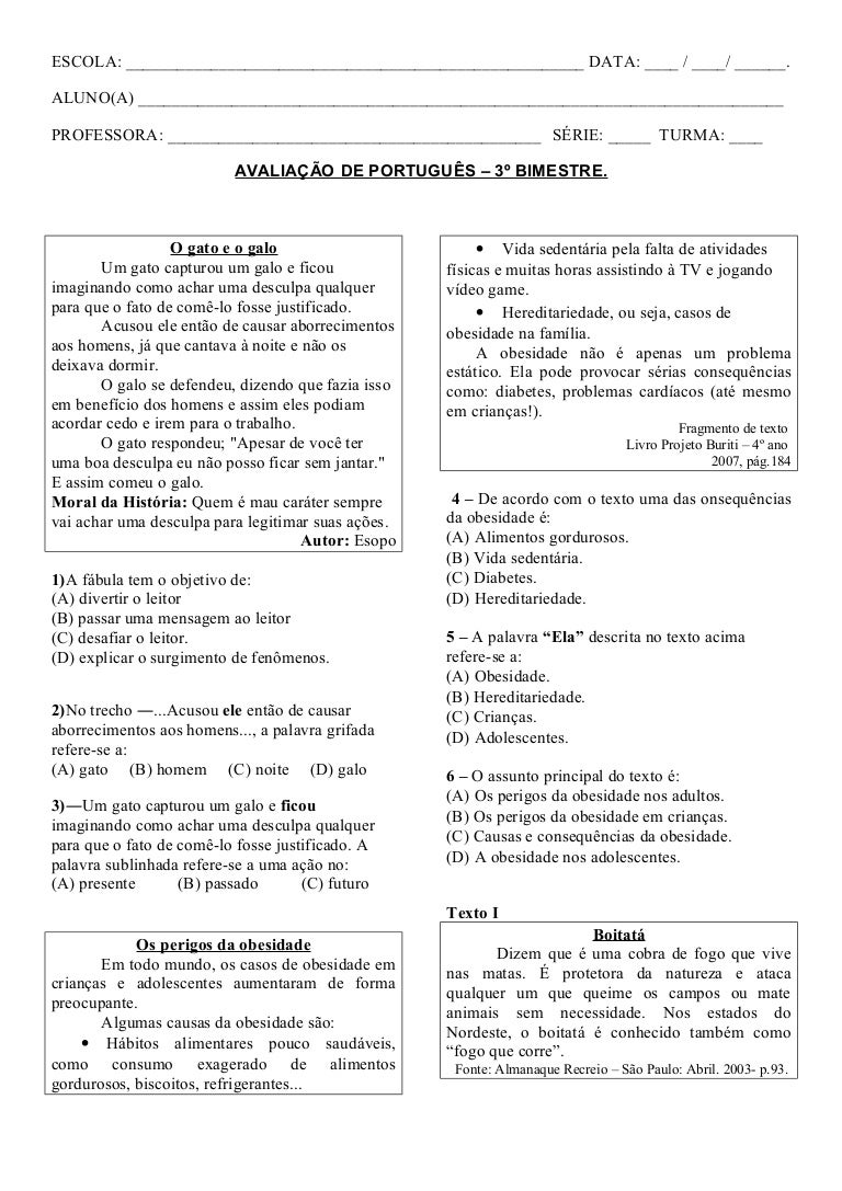 Avaliação de português 3º bimestre