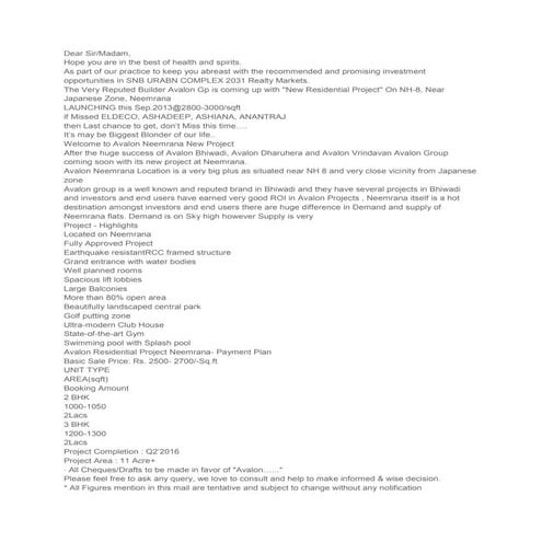 Avalon Project Neemrana.8459137252 | DOCX