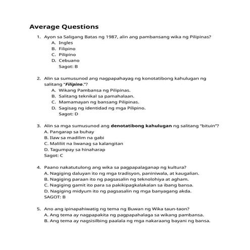 Average Questions for quiz bee for buwan ng wika | DOCX