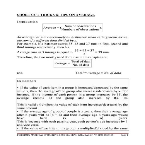 Average short cut tricks for banking & ssc exams by das sir | PDF