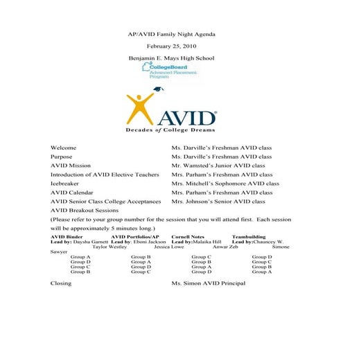 Avid family night agenda | DOC