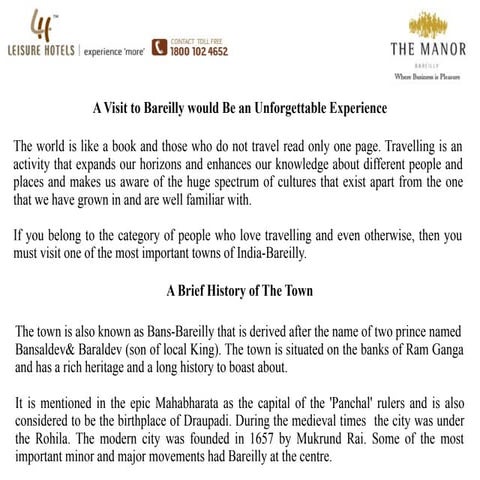 A Visit to Bareilly would Be an Unforgettable Experience | PDF