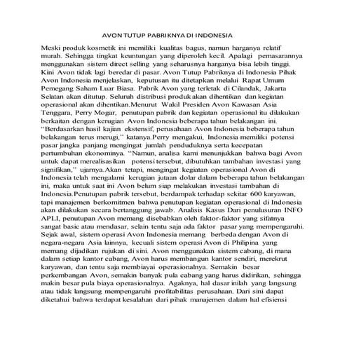 Avon tutup pabriknya di indonesia | DOCX