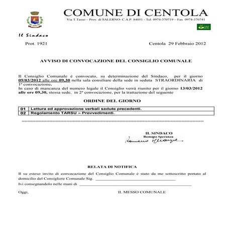 Consiglio Comunale del 9 marzo 2012 - Comune di Centola | PDF