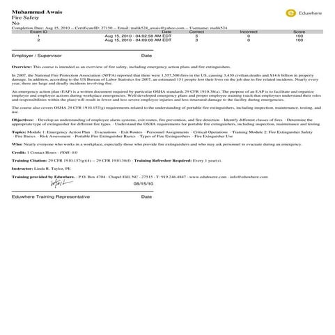 Transcript Certificate of Completion in Fire Safety Online Training (01 ...