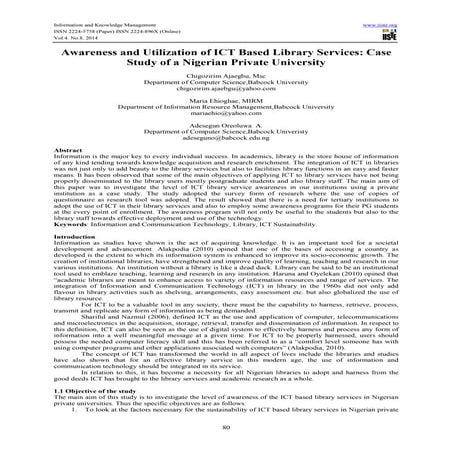 Awareness and utilization of ict based library services case study of a nigerian private ...