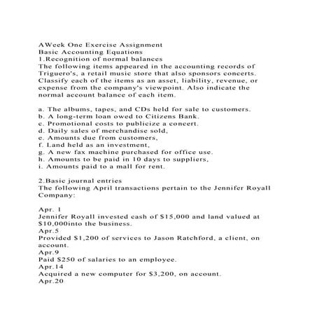 AWeek One Exercise AssignmentBasic Accounting Equations1.Recog.docx