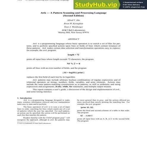 Awk A Pattern Scanning And Processing Language Pdf 