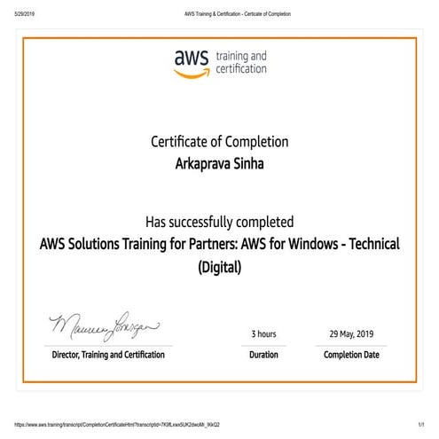Aws training & certification certicate of completion wat