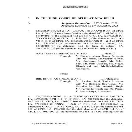 Axis Trustee Services Limited v Brij Bhushan Singal, CS (Comm) 8 of ...