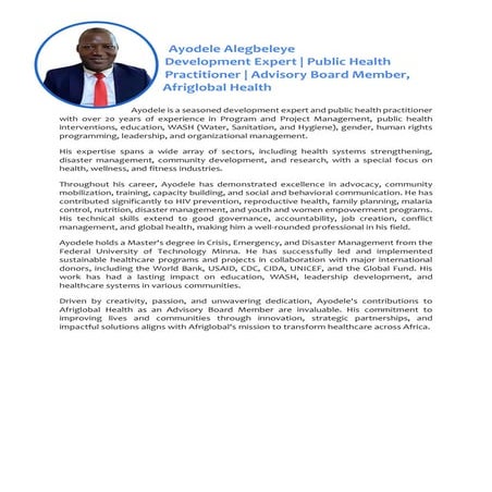 AFRIGLOBAL HEALTH LIMITED_ADVISORY BOARD MEMBER_AYODELE ALEGBELEYE PROFILE. | PDF | Medical Health