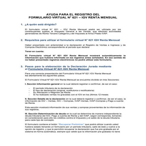 AYUDA PARA EL REGISTRO DEL FORMULARIO VIRTUAL N° 621 | PDF