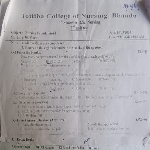 All bsc nursing 1 semester imp questions paper | PDF