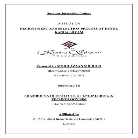 azaan project report pdf format.pdf hotel industry stpr mba second semester internship | PDF