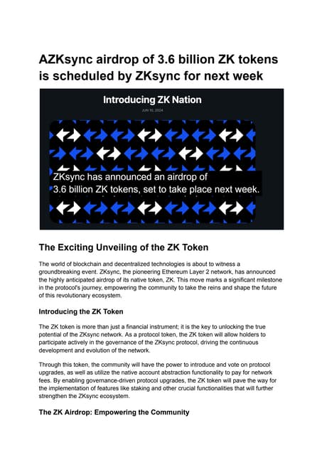 ZKsync airdrop of 3.6 billion ZK tokens is scheduled by ZKsync for next ... ZKsync airdrop of 3.6 billion ZK tokens is scheduled by ZKsync for next ...