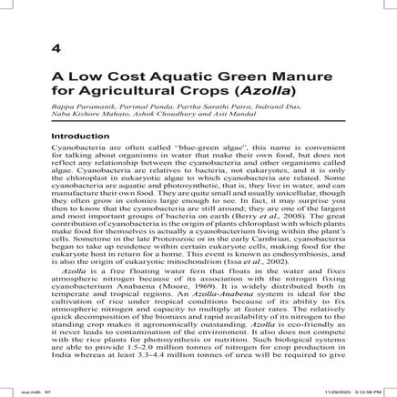 A Low Cost Aquatic Green Manure for Agricultural Crops (Azolla) | PDF