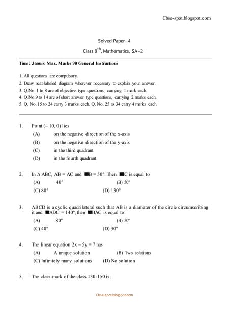 Class 9 Cbse Maths Sample Paper Term 1 Model 2 | PDF | Secondary ...