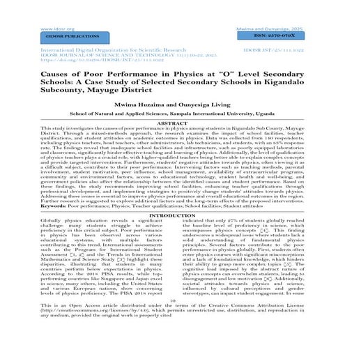 Causes of Poor Performance in Physics at “O” Level Secondary Schools: A ...