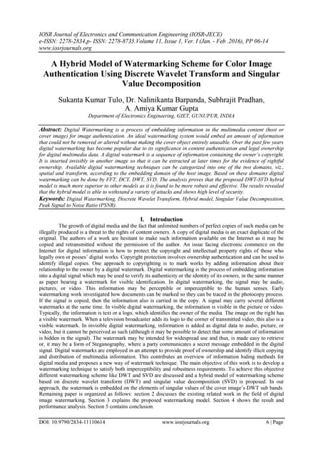 Study and analysis of robust dwt svd domain based digital image watermarking technique using ...