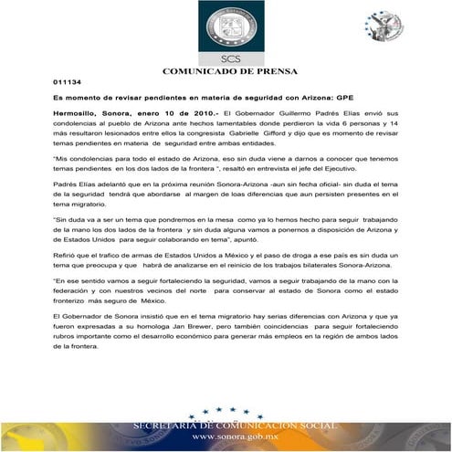 10 01 2011 Guillermo Padrés Envió Sus Condolencias Al Pueblo De Arizona