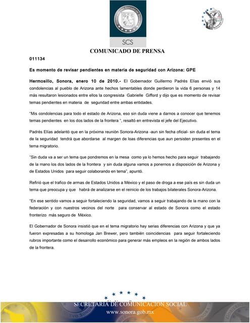 10 01 2011 Guillermo Padrés Envió Sus Condolencias Al Pueblo De Arizona