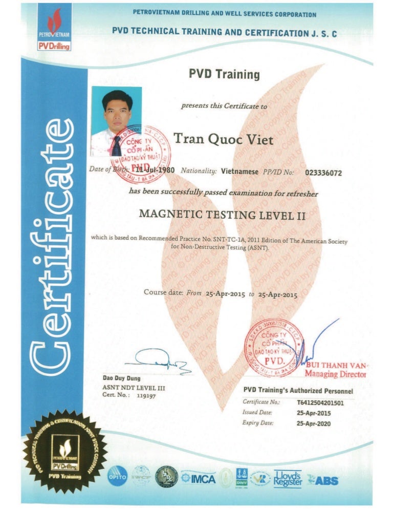 Certificate of Magnetic Particle Testing Inspector Level 2