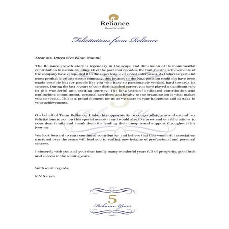 Long service appreciationletter from Reliance | PDF | Hinduism ...