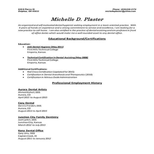 Michelle Plaster Resume 09-2015 | DOCX | Dental Health | Diseases and ...
