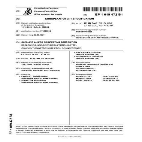 Lambert et al 2003 Patent EP1019472B1 | PDF | Chemistry | Science