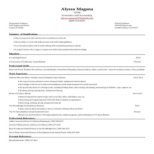 New Resume 2016 | DOCX | Food & Drink