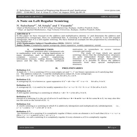 A Note on Left Regular Semiring | PDF