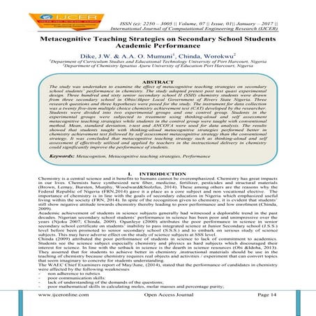 Metacognitive Teaching Strategies on Secondary School Students Academic Performance | PDF