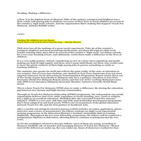 SAMPLE WRITING - COVER STORY - TEACH FOR MALAYSIA | DOC