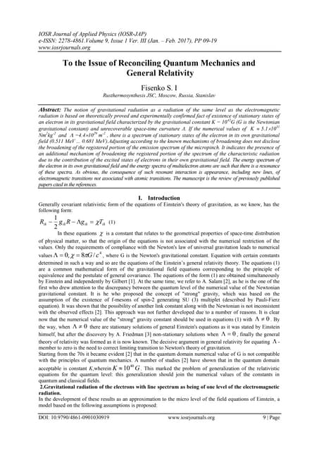To the Issue of Reconciling Quantum Mechanics and General Relativity | PDF To the Issue of Reconciling Quantum Mechanics and General Relativity | PDF