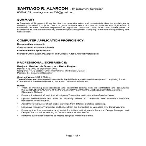 Santiago R Alarcon - Document Control CV- Final | PDF