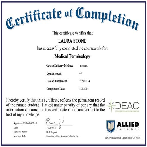 allidied medical terminology certificate286505 | PDF
