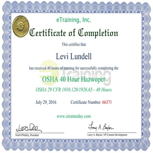 Levi-Lundell-OSHA-40-Hour-Hazwoper | PDF