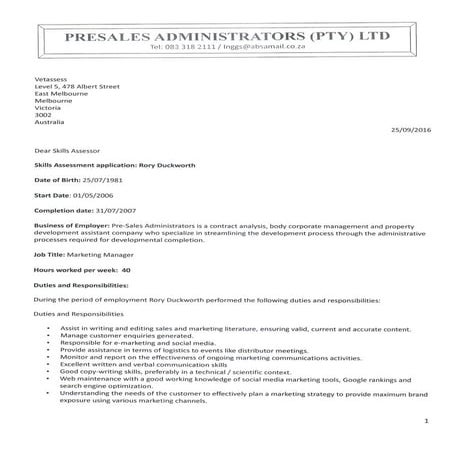 Pre Sales Administrators Reference letter | PDF