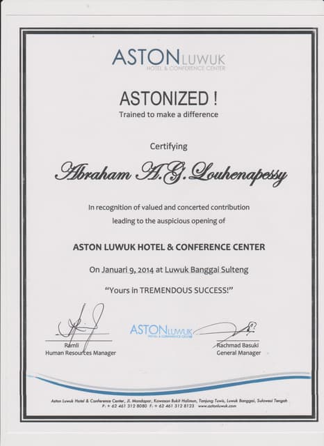 Preopening Certificate Favehotel Langko | PDF