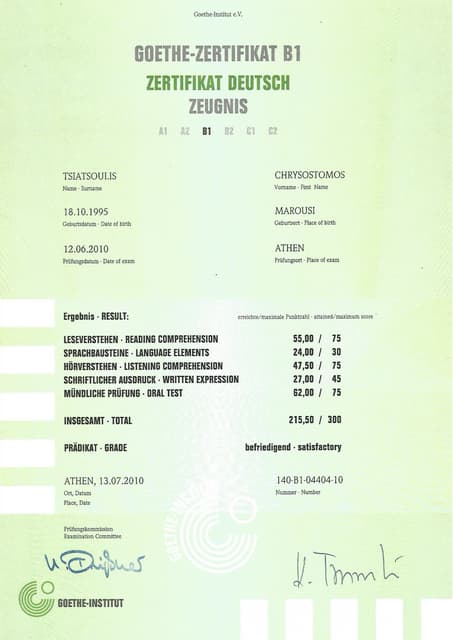 TSIATSOULIS FCE CERTIFICATE | PDF