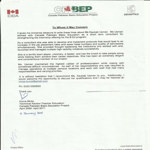 CIDA Huma Mirza recommendation letter | PDF