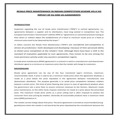 RESALE PRICE MAINTENANCE IN INDIAN COMPETITION SCHEME VIS A VIS IMPACT ...