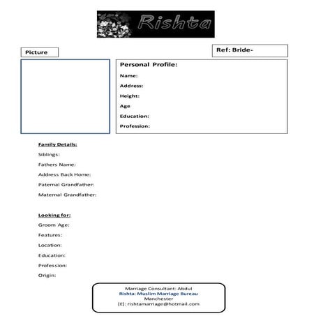 Rishta - Bride Registration Form | DOCX