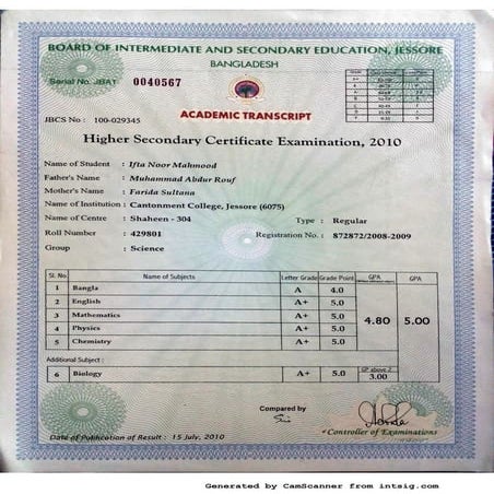 HSC and SSC transcript Ifta Noor Mahmood | PDF