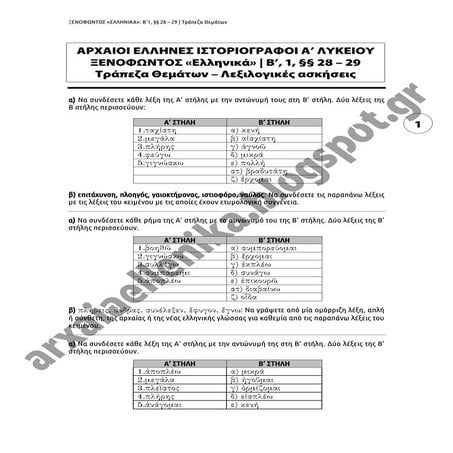 Ξενοφῶντος "Ελληνικά" Α' Λυκείου, B’ 1, 28 - 29: Τράπεζα Θεμάτων | PDF