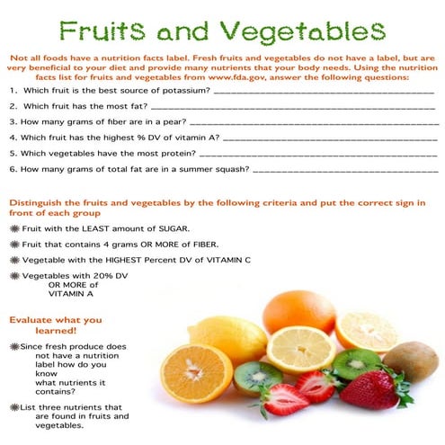 Fruits and Vegetables Activity | PDF | Healthy Cooking and Eating ...