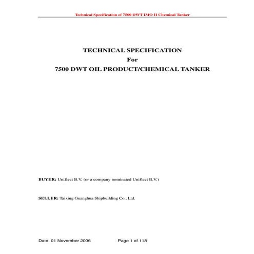 MDSSL HUBO 7500DWT Chemical tanker Specification | PDF